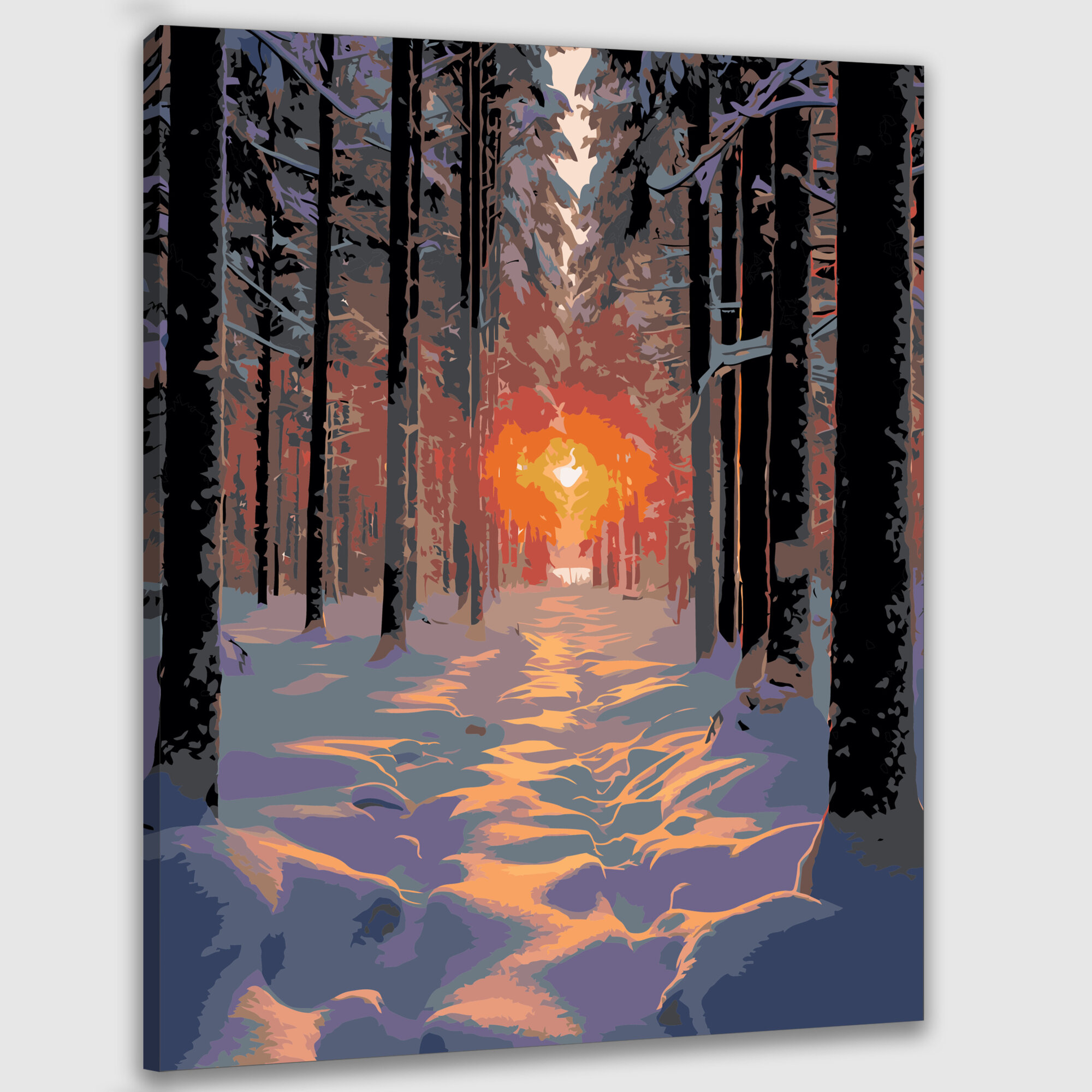 Картина по номерам 40x50 см, заснеженный лес, вечнозеленые деревья, сумерки, снег, свет солнца, тени на снегу, покой