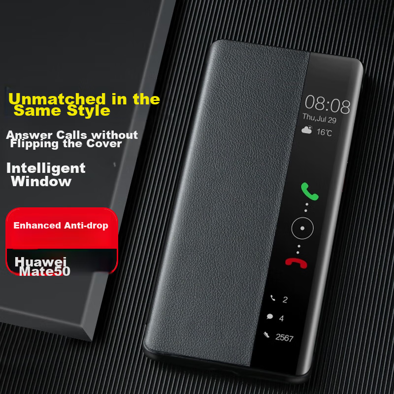 EDDGA Flip Case for Huawei Mate 50, Mate 50 Sleep/Wake View Window, Full Protection, Shockproof, Genuine Leather, Heat Dissipation