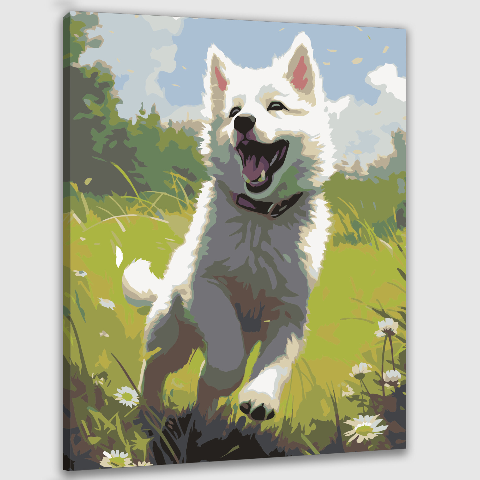 Картина по номерам 40x50 см, щенок, хаски, игривый, залитый солнцем луг, пушистая шерстка, белая, яркая зеленая трава