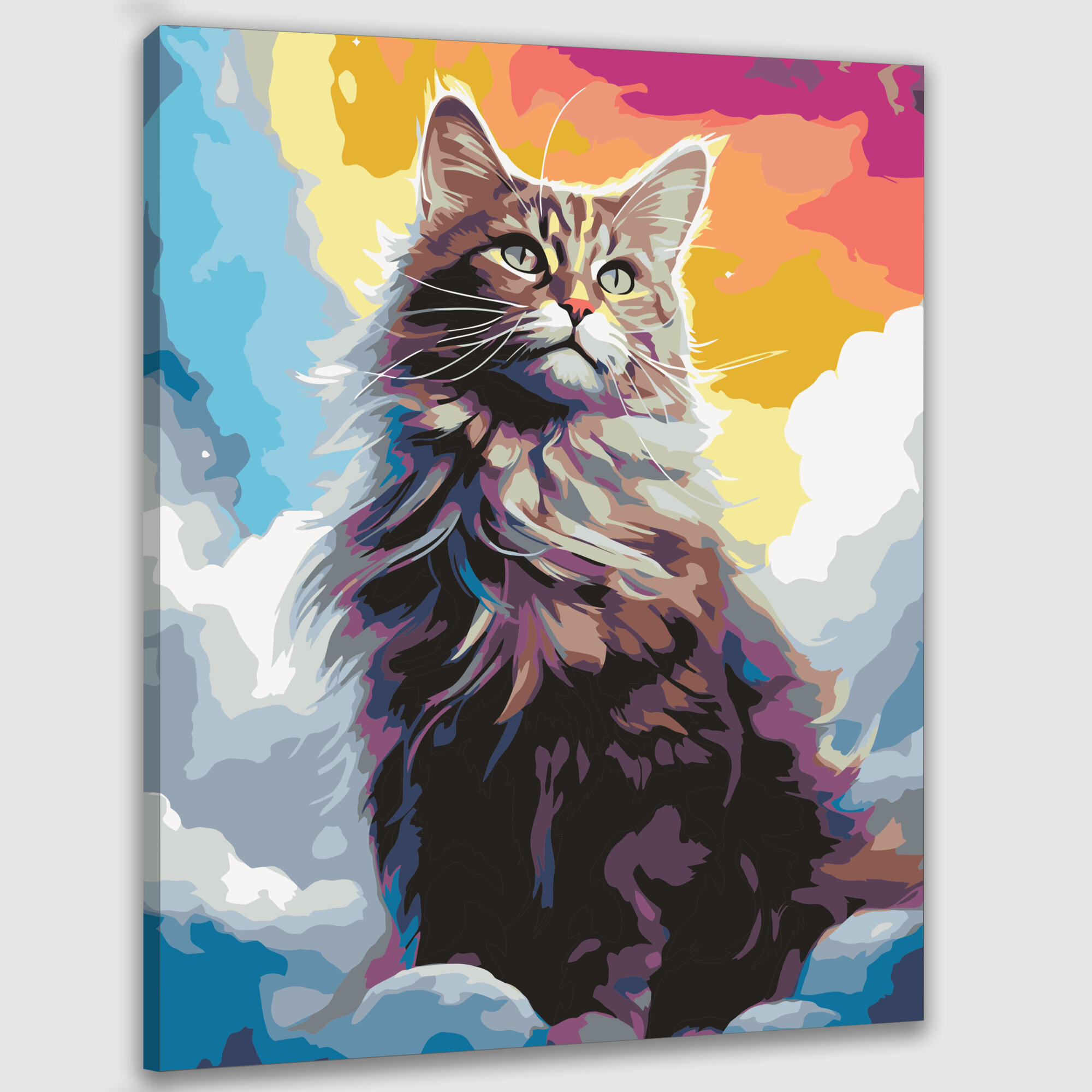 Картина по номерам 40x50 см, кошка, цифровая картина, шерсть, радуга, облака, солнце, величественная, яркая