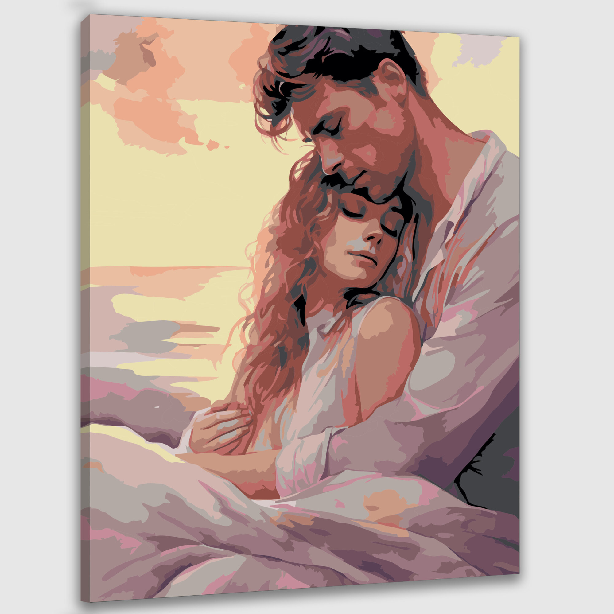 Картина по номерам 40x50 см, акварель, молодая пара, обнимающаяся, закат пастельных тонов, нежные чувства