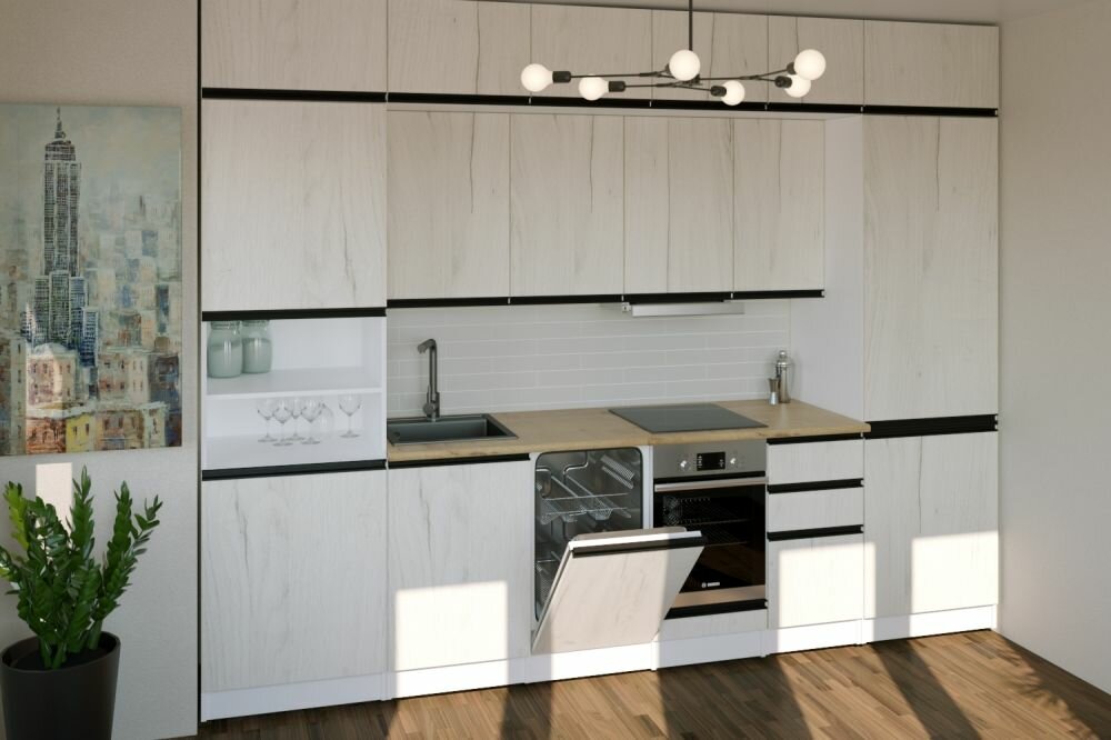 Кухонный гарнитур Амели люкс 3000 мм, Цвет Дуб грей, ширина 300 см, с навесными шкафами, с выдвижными ящиками, с тумбой под мойку