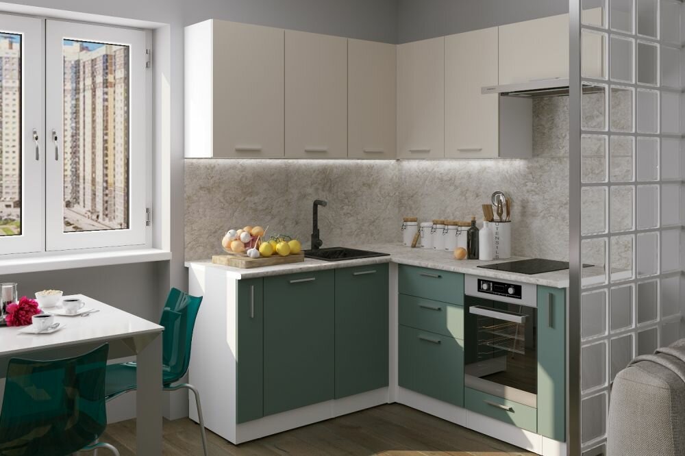 Кухонный гарнитур Глория мега прайм 2 1600*1700, цвет Кашемир/Бензин, угловой, с тумбой под мойку, с открывающимися в сторону дверцами, с выдвижными ящиками