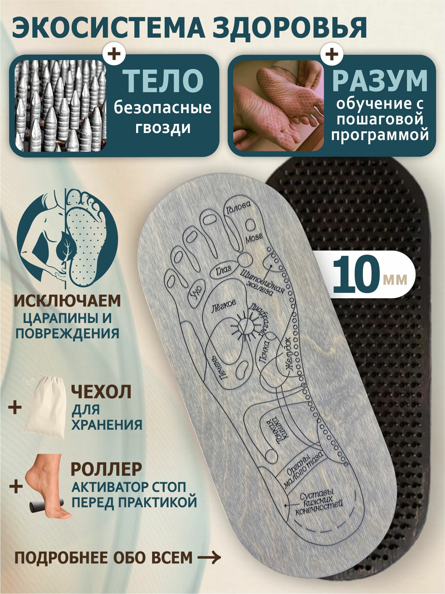 Доски Садху Ligar Sadhu "Карта здоровья" цвет серый, для начинающих и опытных 10 мм / гвозди для йоги