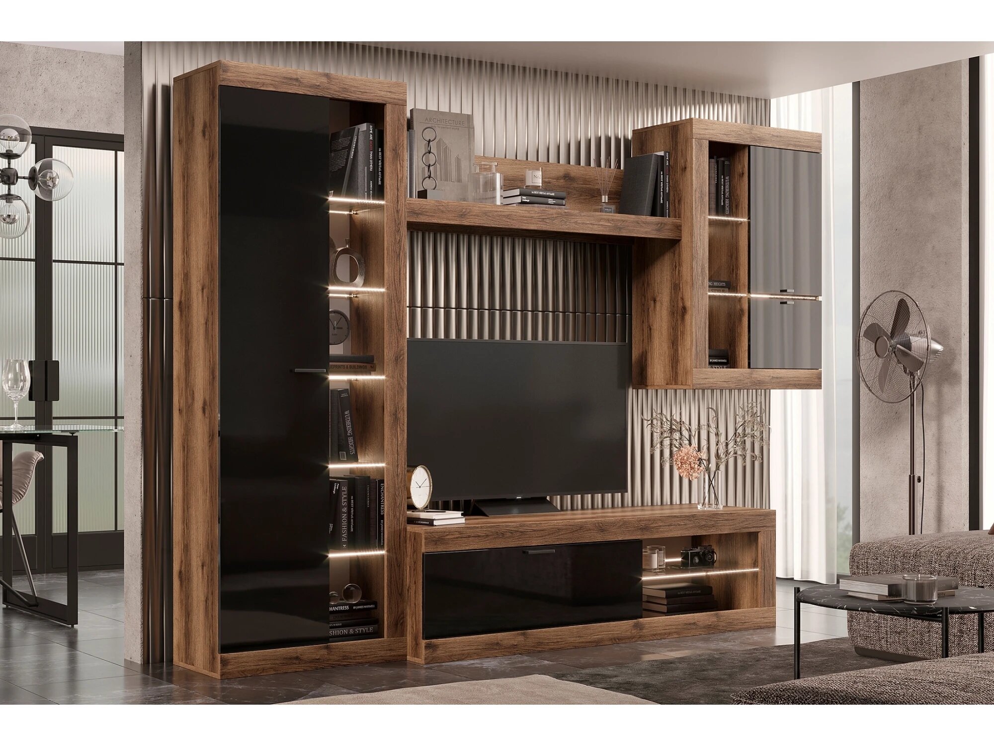 Модульная Гостиная, вариант №5, с подсветкой, Дуб Делано/Черный глянец