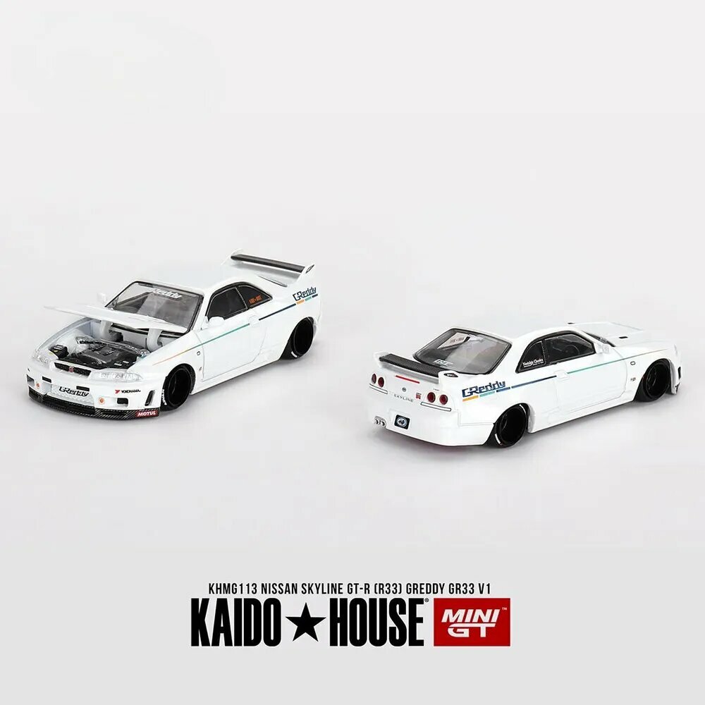 KNOW EASY-(Поставляется с защитной оболочкой)Машинка KAIDO HOUSE Mini Gt 1/64 KHMG113 Nissan Skyline GT-R(R33) Greddy GR33 V1 Die-cast Alloy Car Model Collection Gift