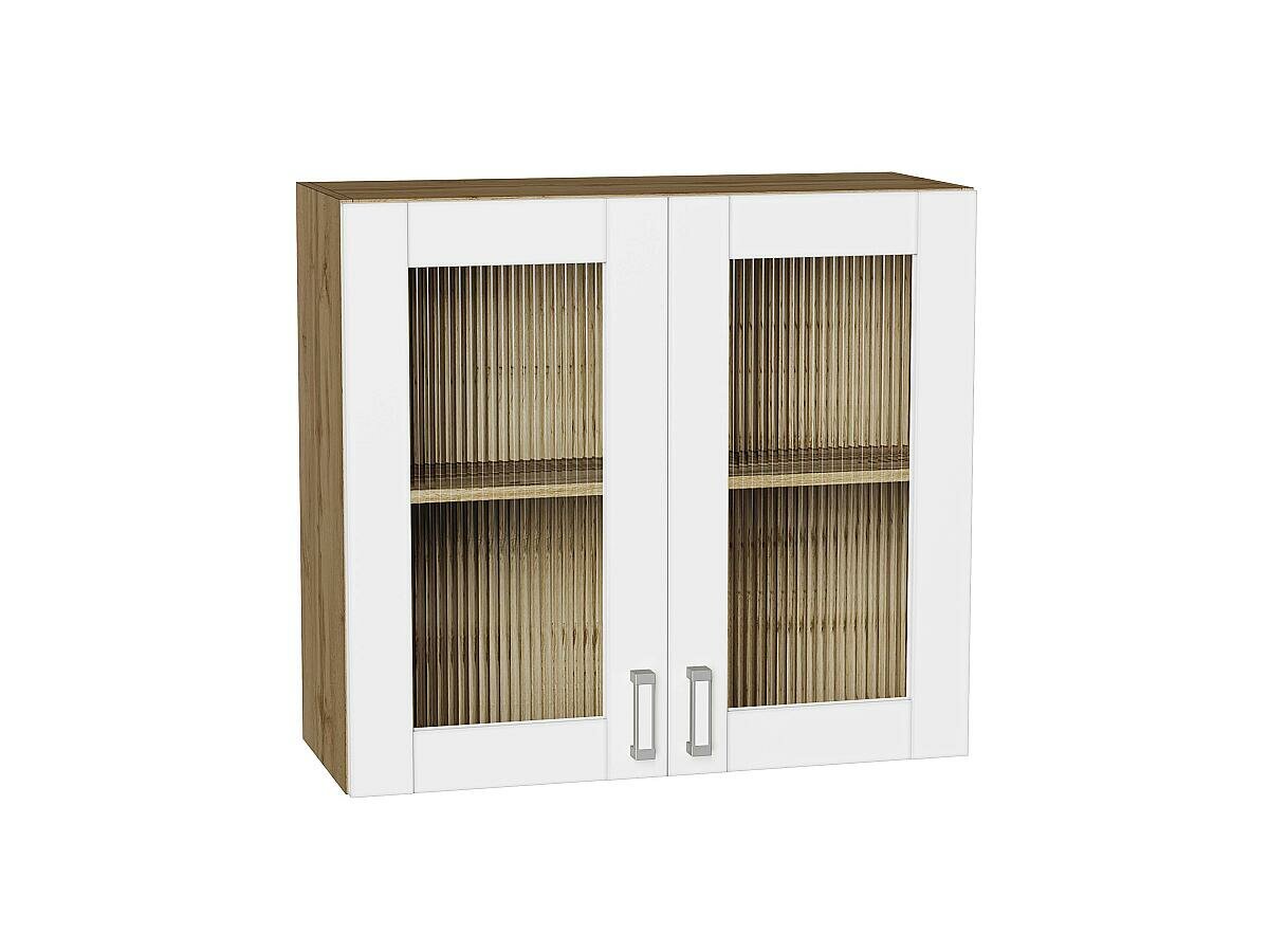 Шкаф верхний с 2-мя остекленными дверцами Лофт, цвет фасада White Silk, цвет каркаса Дуб Вотан, стекло Magic Moru V, 716*800*320 мм