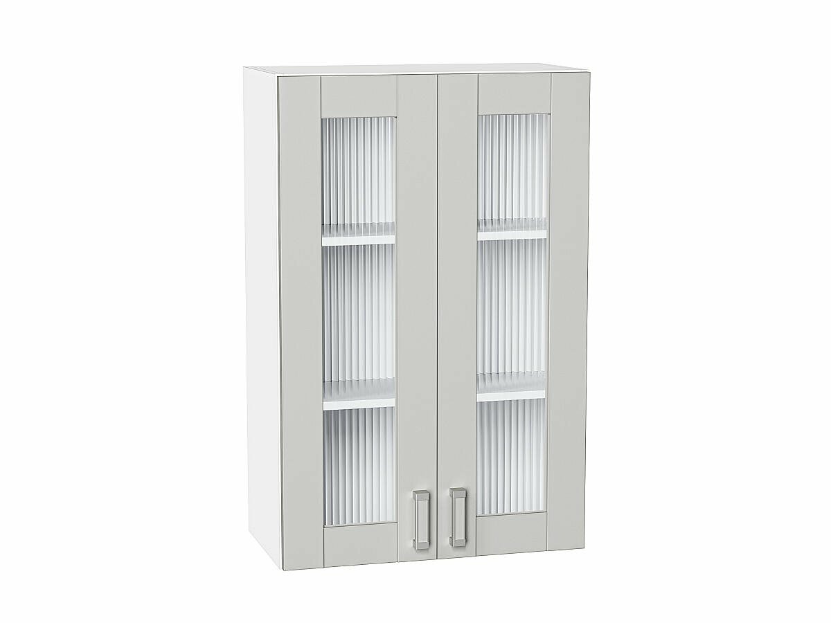 Шкаф верхний с 2-мя остекленными дверцами Лофт, цвет фасада Grey Silk, цвет каркаса Белый, стекло Magic Moru V, 920*600*320 мм