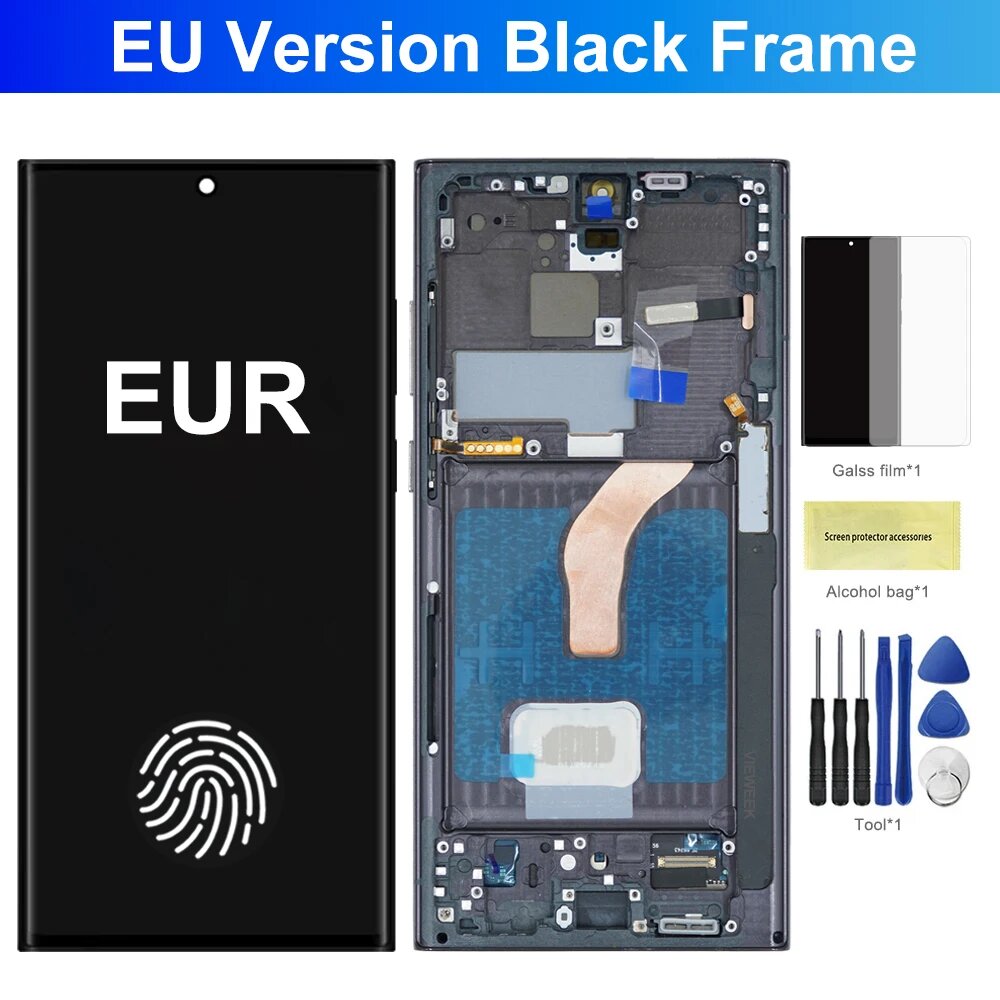 6,78-дюймовый S22 Ultra 5G Super AMOLED-экран для Samsung Galaxy S22 Ultra S908B S908E ЖК-дисплей с дигитайзером сенсорного экрана EUR Black Frame