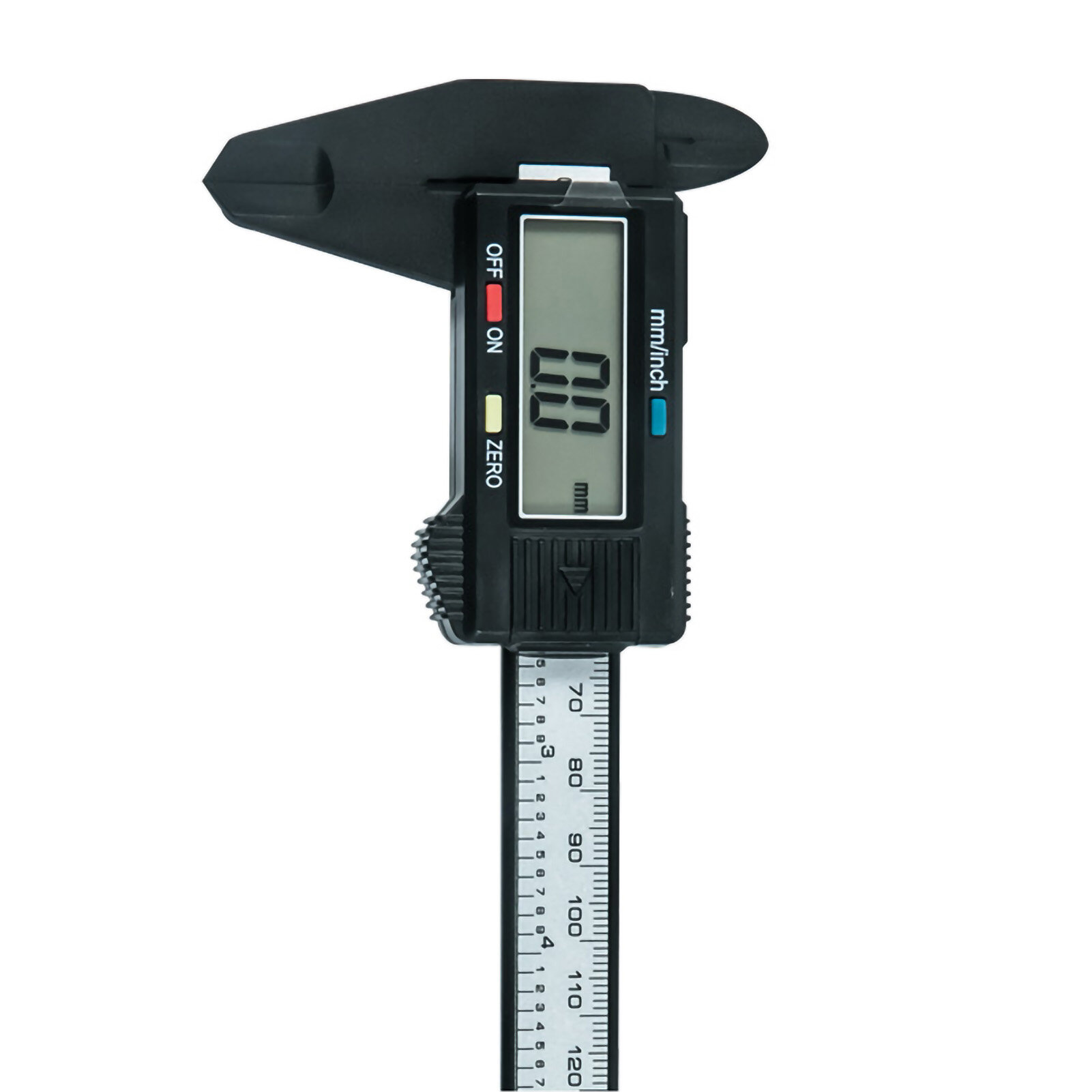 Цифровой электронный штангенциркуль с ЖК-экраном для измерения внутреннего и внешнего диаметра. Корпус из черного пластика. Точный измерительный инструмент.