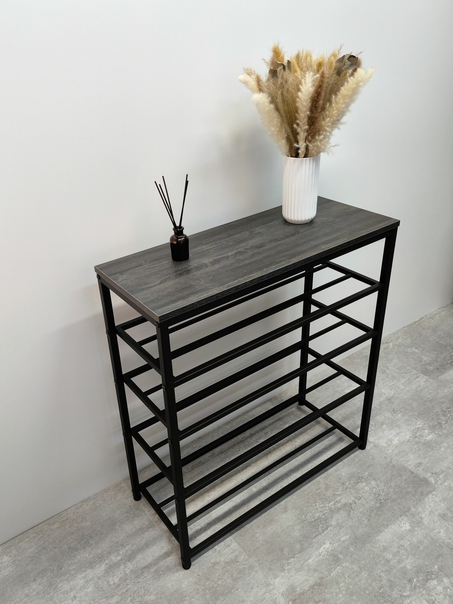 Обувница для прихожей "Мэйли" 4 полки / 76х30х82см / черный каркас - ЛДСП черное дерево