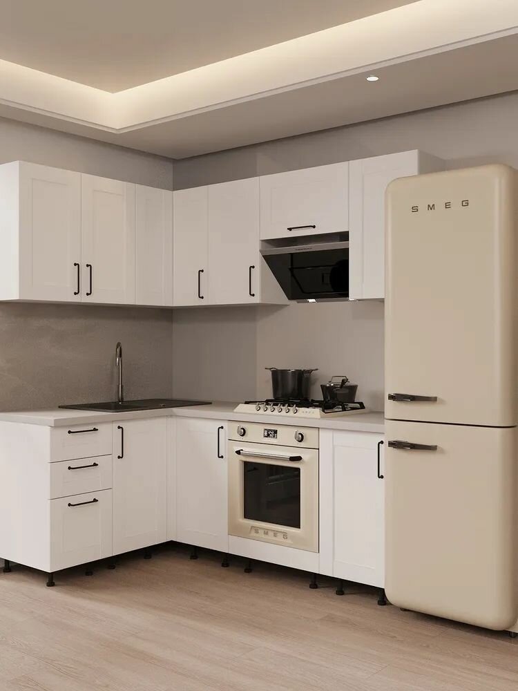 Кухонный гарнитур угловой Аризона МДФ 1,4х2м белый с модулем под духовой шкаф со столешницей