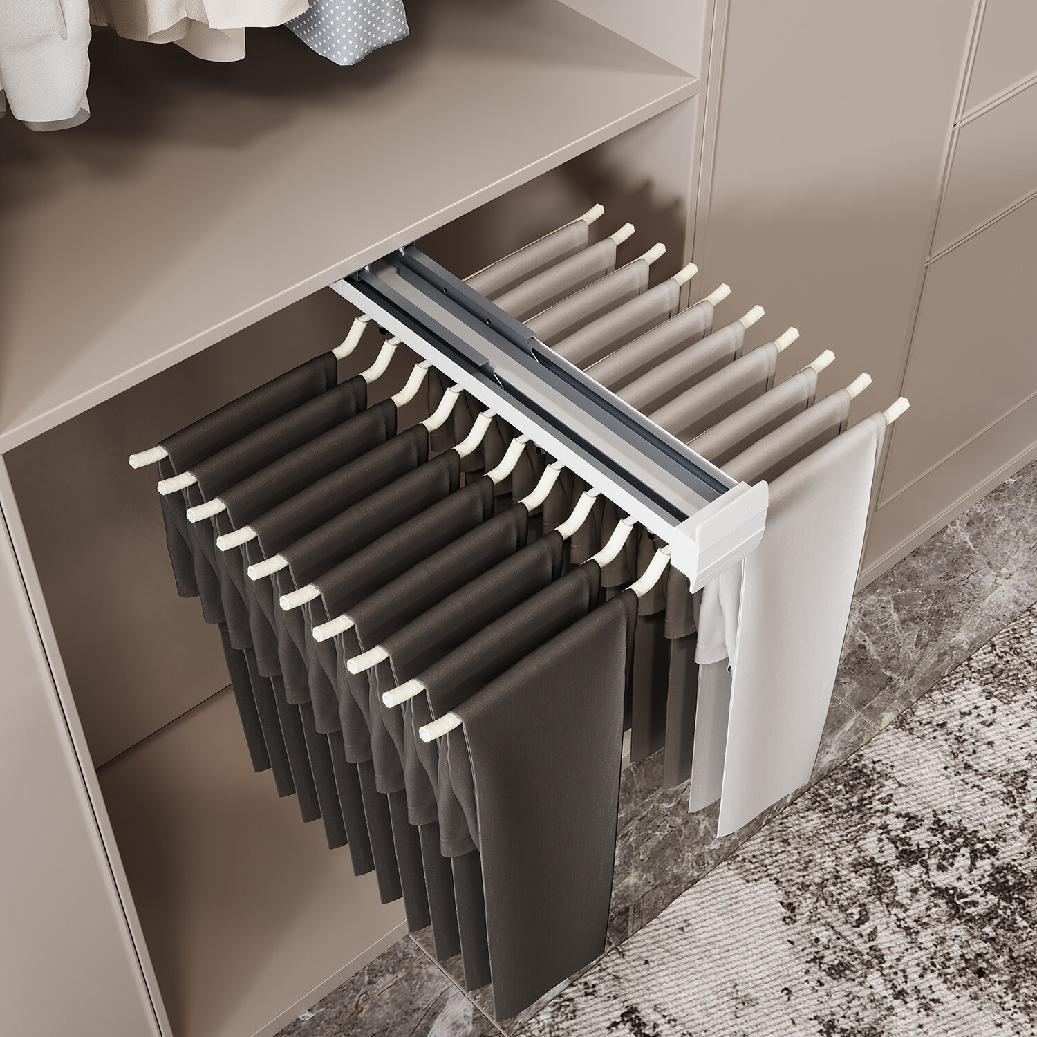 Двухрядная выдвижная брючница с доводчиком и потолочным креплением органайзер для брюк с антискользящими перекладинами и экономией места