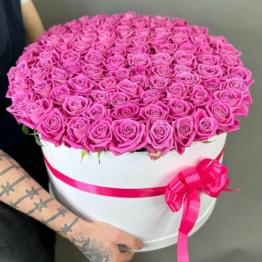 Букет из розовых роз 101 шт в шляпной коробке, красивый букет цветов, шикарный, премиум цветы, премиум букет