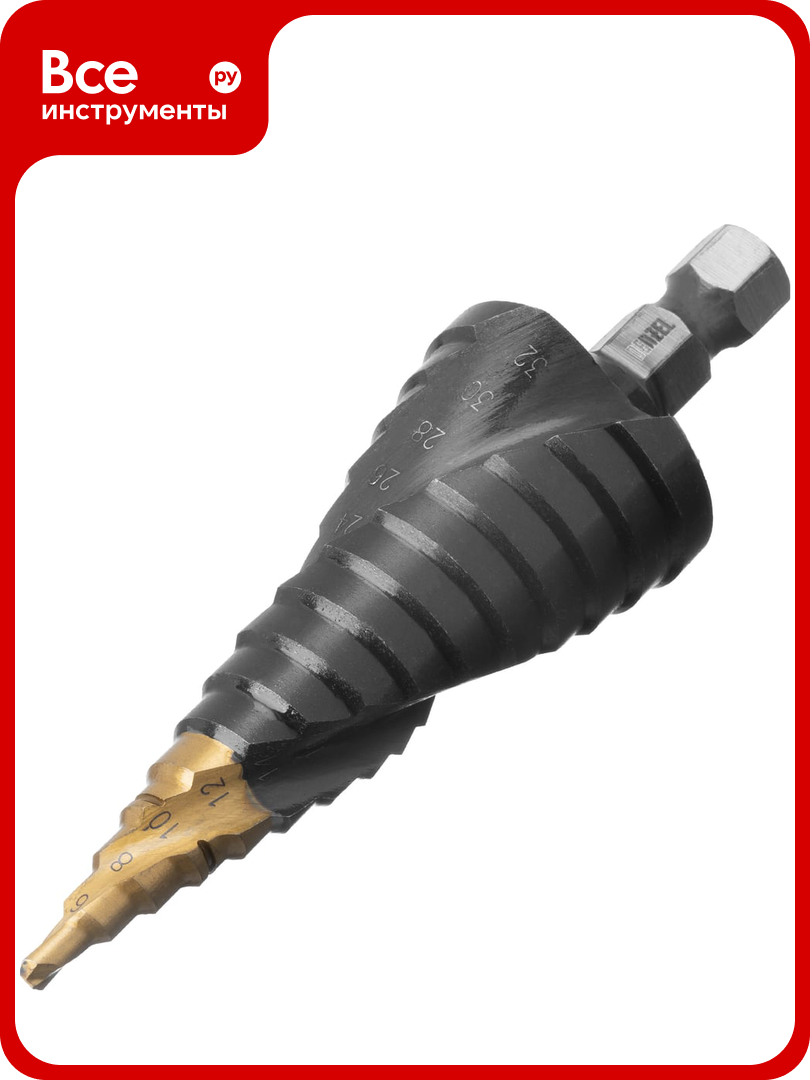 Сверло ступенчатое Denzel 4-6-8-10-12-14-16-18-20-22-24-26-28-30-32 мм, Р6М5, 6-гр. хвостовик 723606, из стали