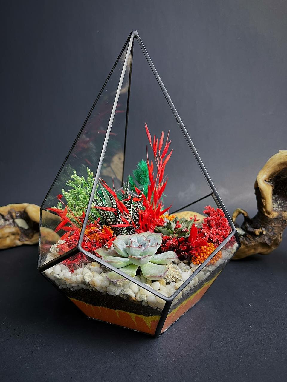 Флорариум с суккулентами от Flolefor "Огненный цветок", 16х16х21 см (ДхШхВ)