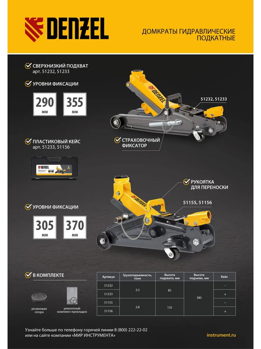 Домкрат гидравлический подкатной с фиксаторо, DENZEL, 51155