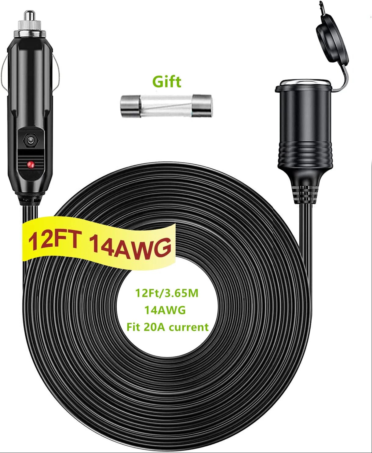 12 В 24 В 15A/20A автомобильный удлинитель прикуривателя 8 м 14AWG/16AWG Black-EC-12FT-14AWG