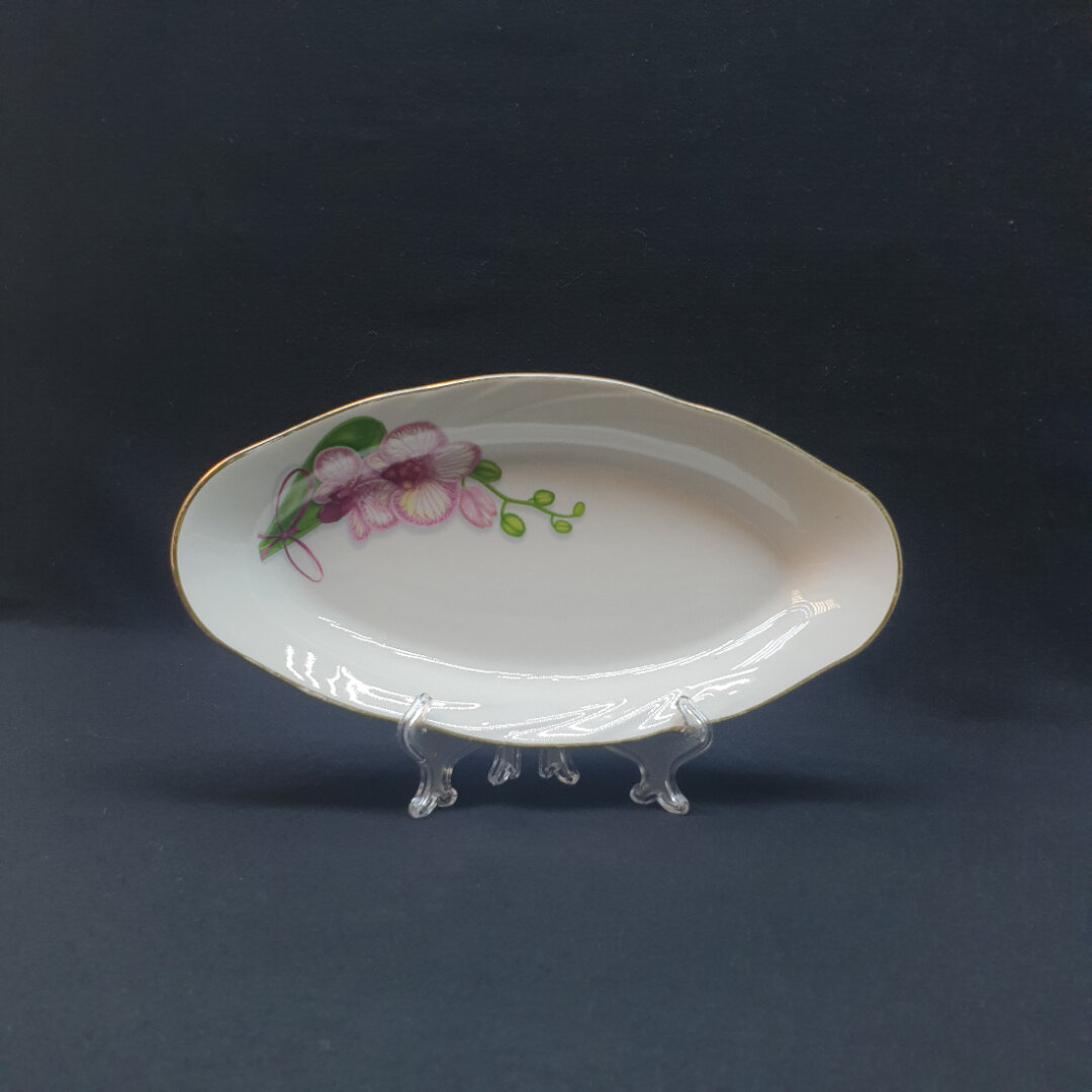 Селедочница Добруш, фарфор деколь позолота 24 х12 см, винтаж СССР