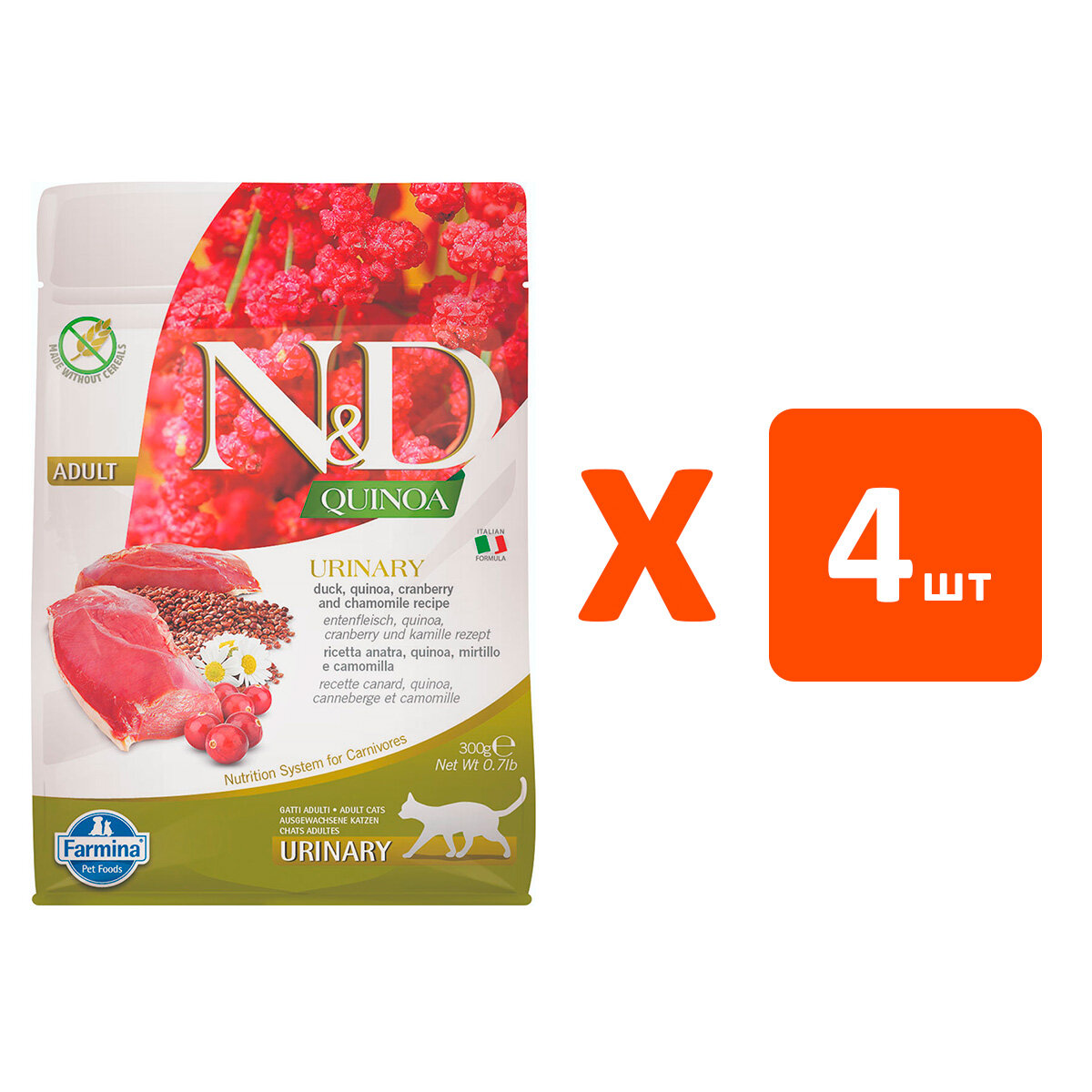 Корм сухой Farmina Cat N&D Grain Free Quinoa Urinary Duck беззерновой для взрослых кошек, при мочекаменной болезни, утка и киноа, 0,3 кг х 4 шт