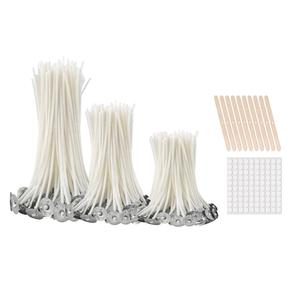 150 фитилей для изготовления, 3 листа наклеек для фитилей и 5 деревянных держателей для фитилей 10 см/15 см/20 см