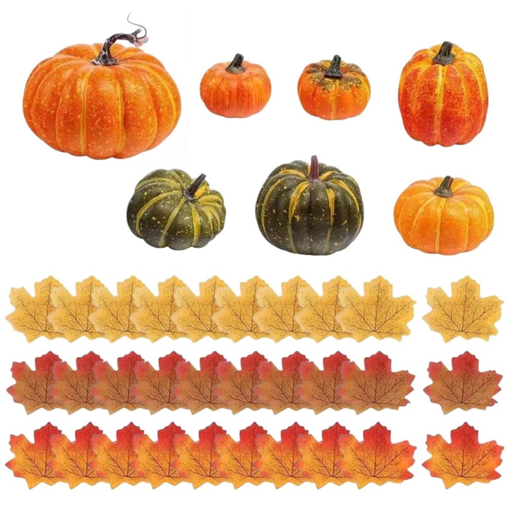 7pcs Хэллоуин искусственные тыквенные фигуры с листовыми наборами украшения украшения орнамент фестивальные вечеринки декоры