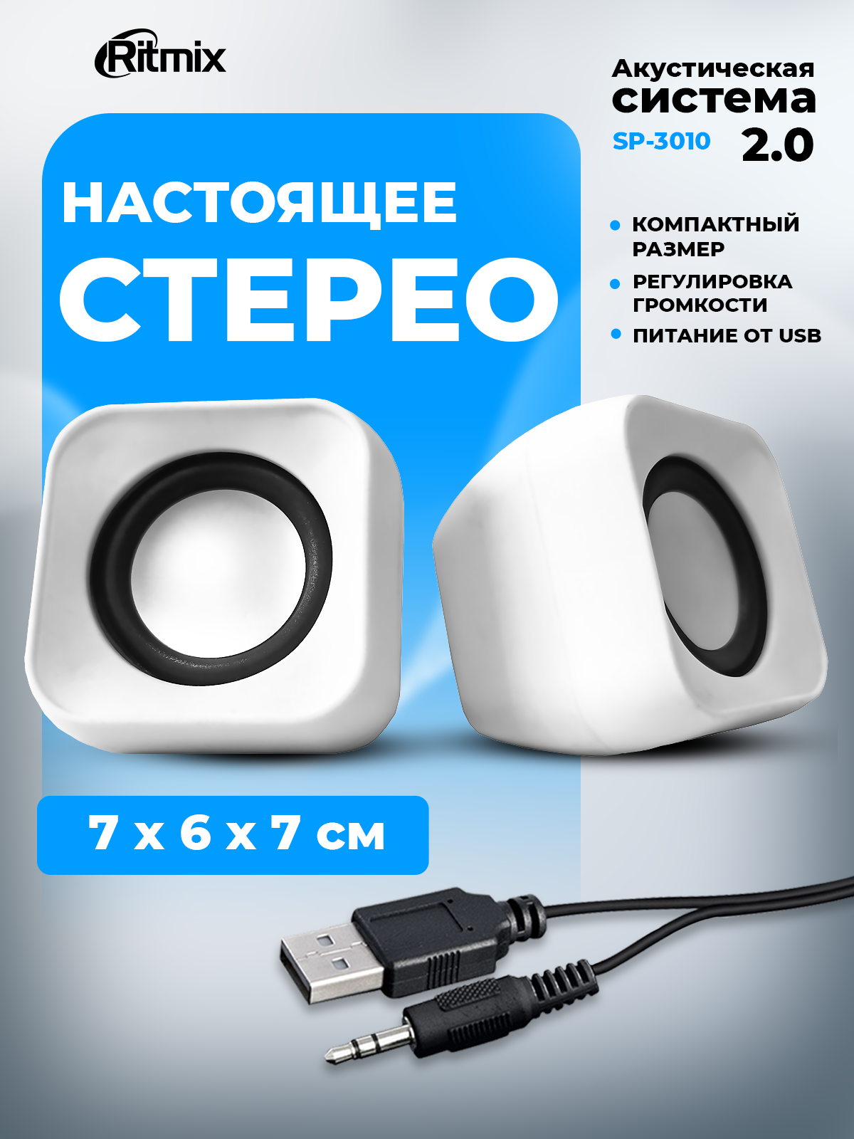 Компьютерные колонки 2.0 RITMIX SP-3010 white, 5Вт, питание от USB
