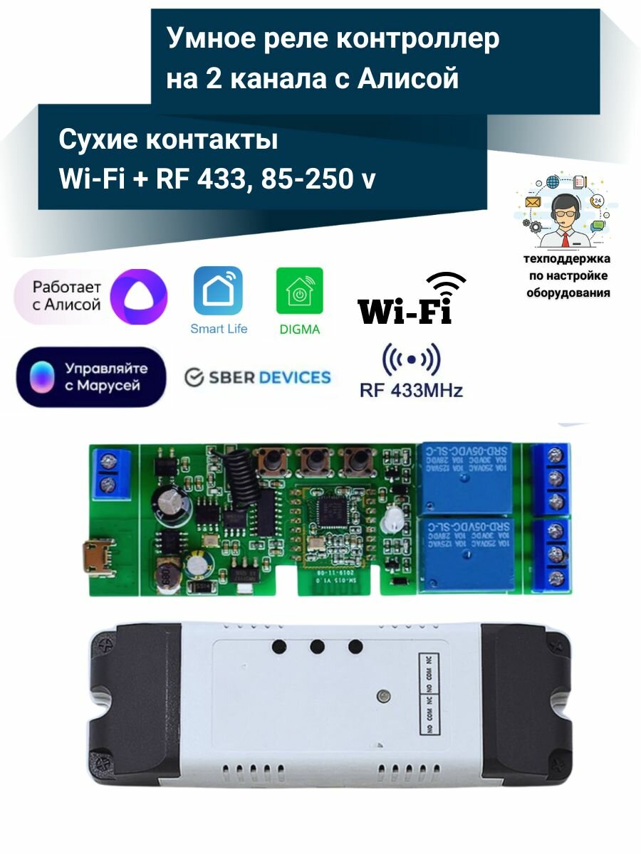 Умное реле с Алисой на 2 канала 220 В, (Wi-Fi Tuya + RF 433 МГц)