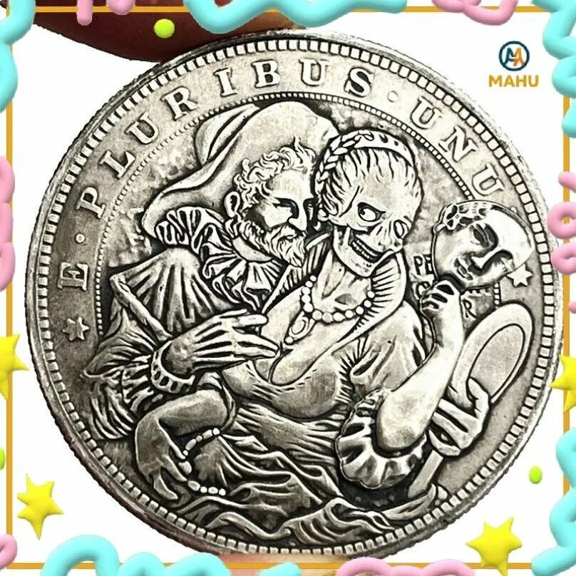 Эксклюзивное художественное изделие Романа Бутина: подвижный механизм с монетой Хобо Никель и долларом Моргана, маска девушки как креативный презент