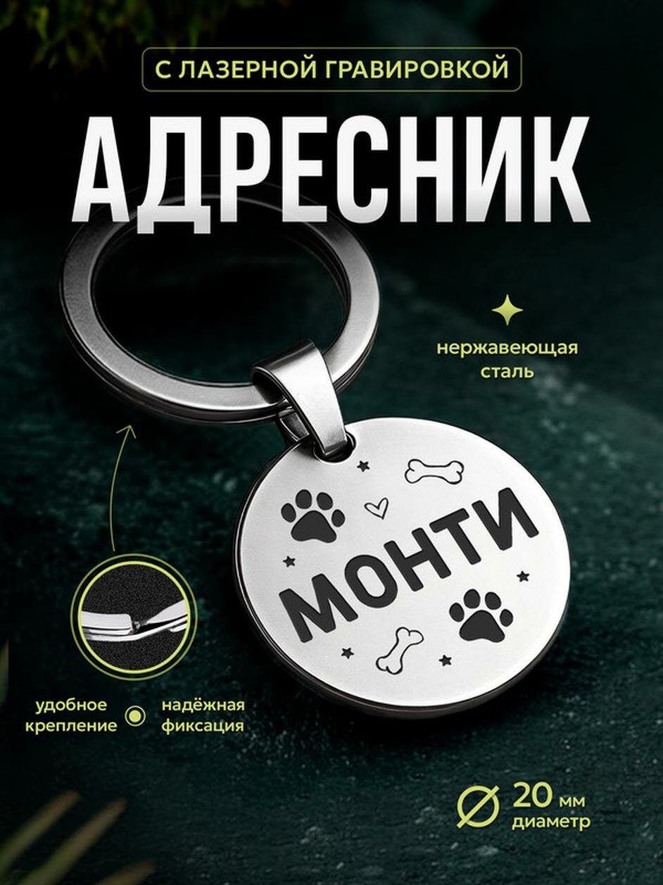 Адресник для собаки и кошки с гравировкой, нерж. сталь, серебристый, Монти