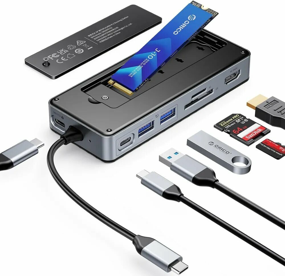ORICO USB-C Док-станция с корпусом M.2 SSD, 8 в 1, подходит для M.2 NVMe/SATA SSD, 10 Гбит/с, 4K@60 Гц HDMI, 100 Вт PD