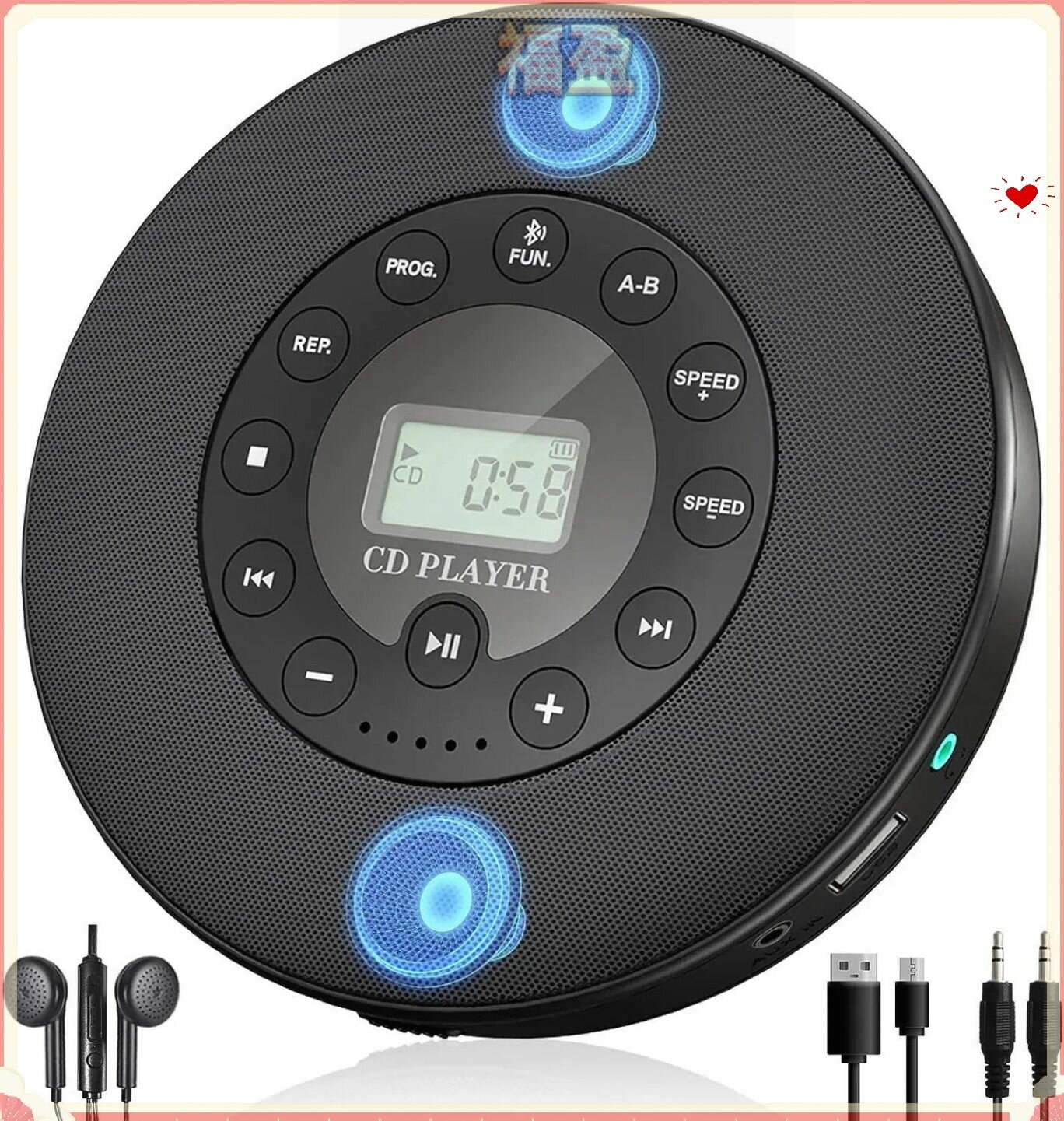 Эксклюзивный портативный Walkman плеер с поддержкой CD и MP3, оснащенный мощным аккумулятором 2000 мАч, стереодинамиком, Bluetooth, USB, AUX и разъемом для наушников
