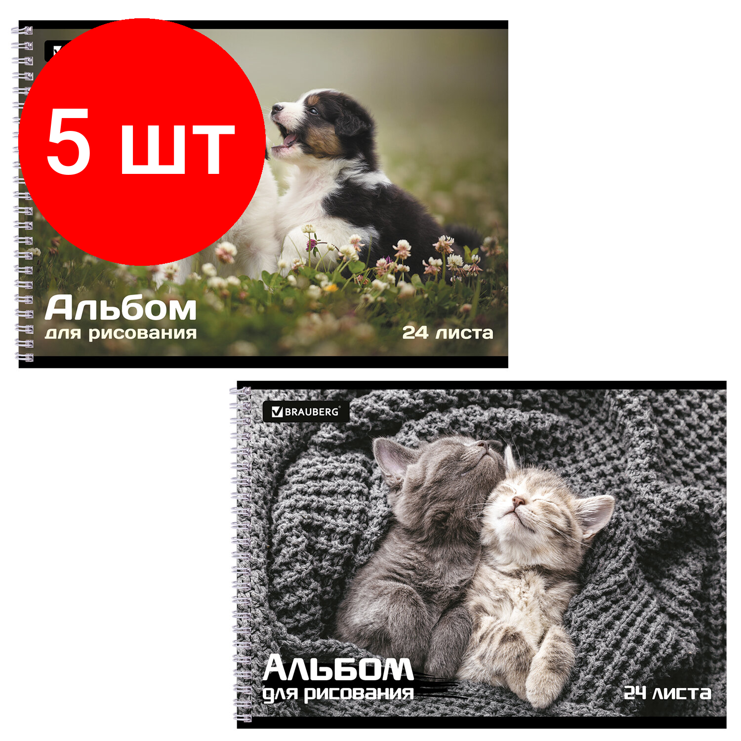 Комплект 5 шт, Альбом для рисования А4, 24 листа, гребень, обложка картон, BRAUBERG, 195х285 мм, "Питомцы" (2 вида), 106696