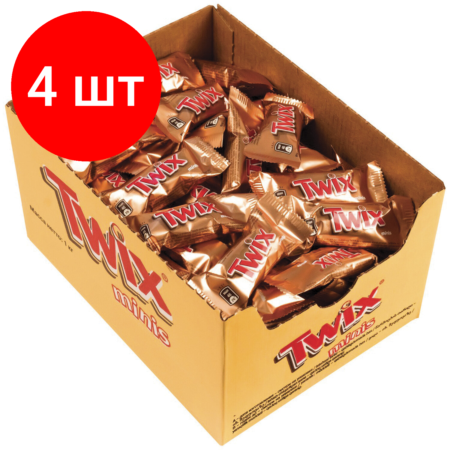 Комплект 4 шт, Конфеты шоколадные TWIX minis, весовые, 1 кг, картонная упаковка, 57237