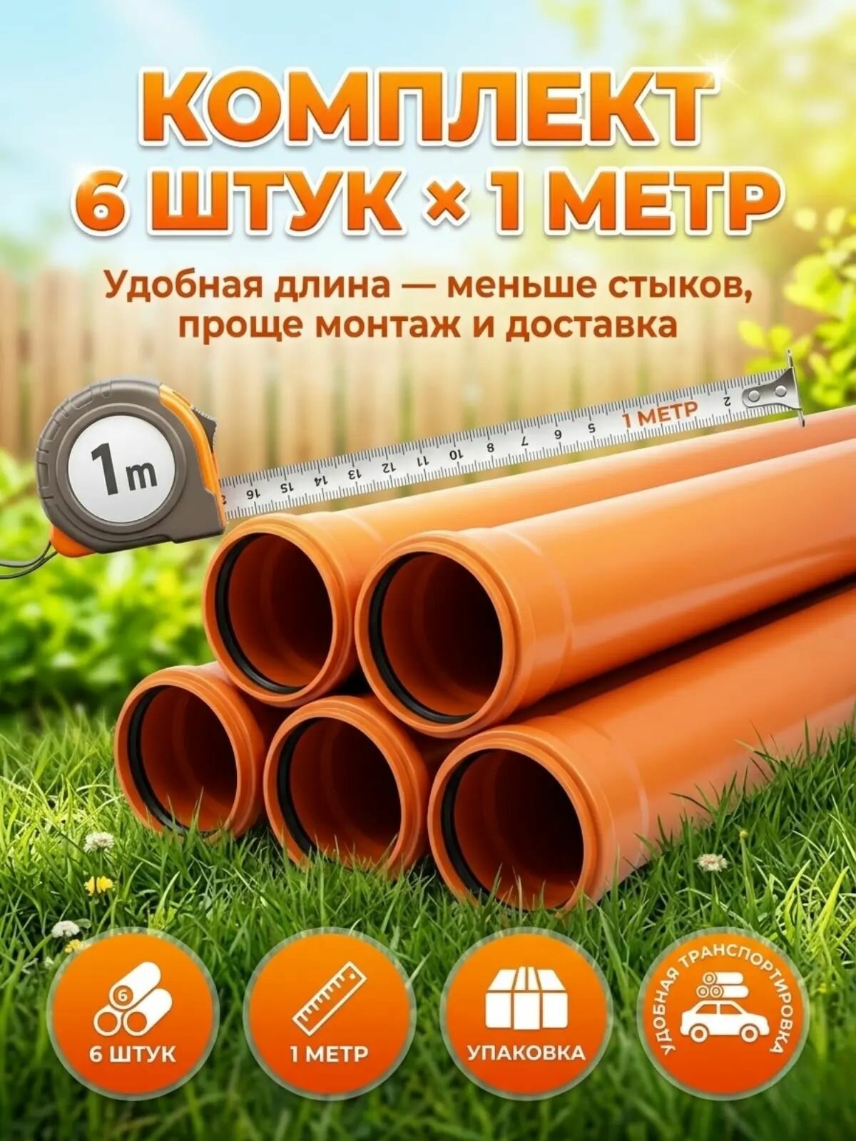 Канализационная труба наружная 110х1м, 3.2 мм, 6 шт в комплекте