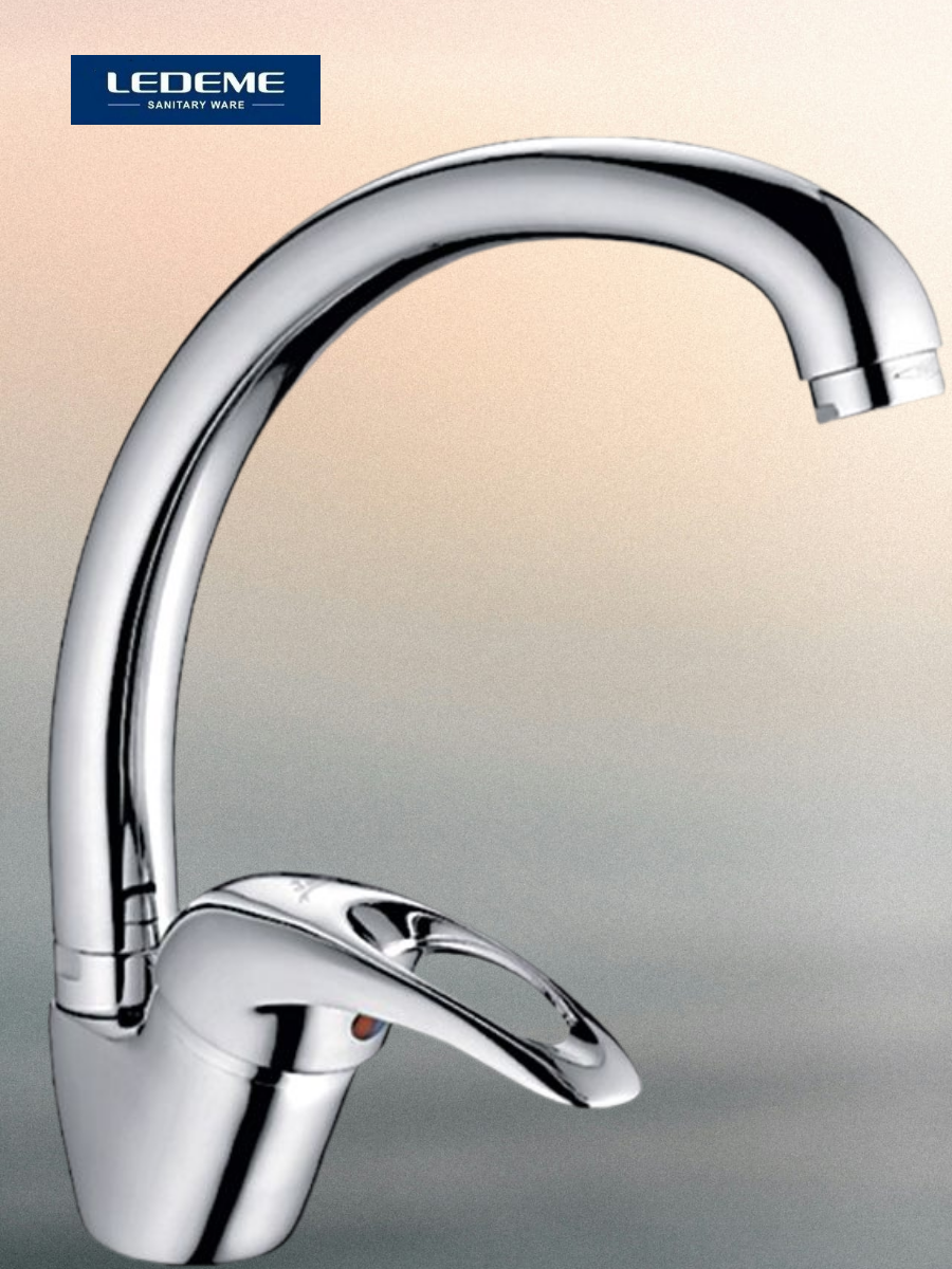 Смеситель для кухни LEDEME L4102-B с высоким круглым изливом, цинк, хром, однорычажный