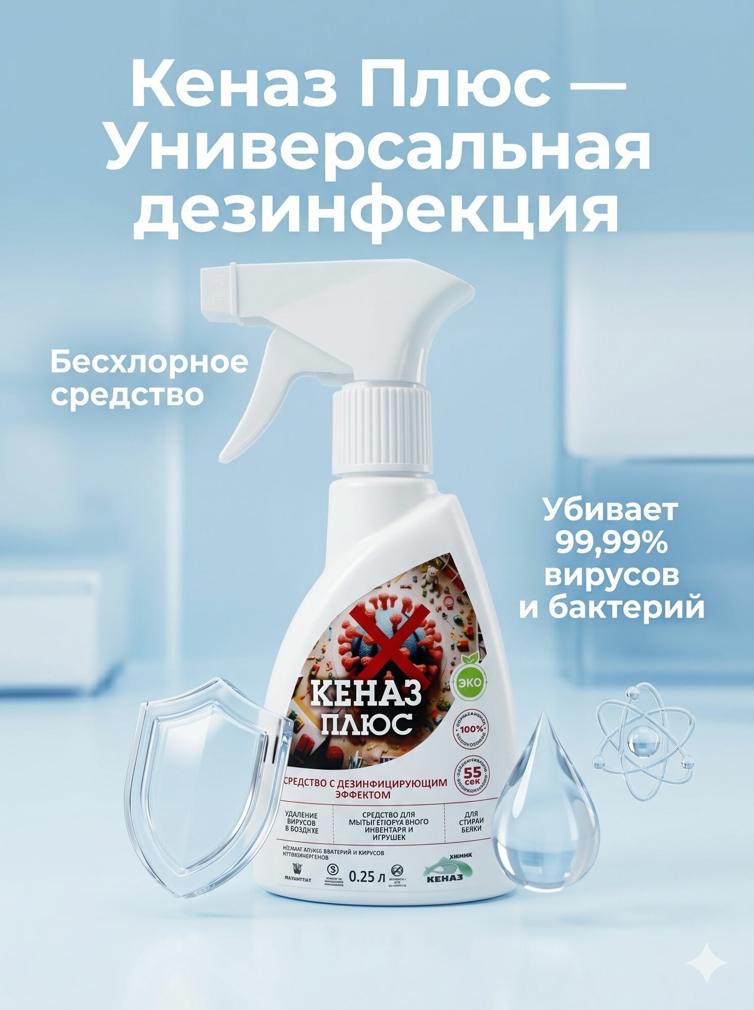 Дезинфицирующее средство Кеназ Плюс 0,25л для поверхностей, для рук, для уборки без хлора