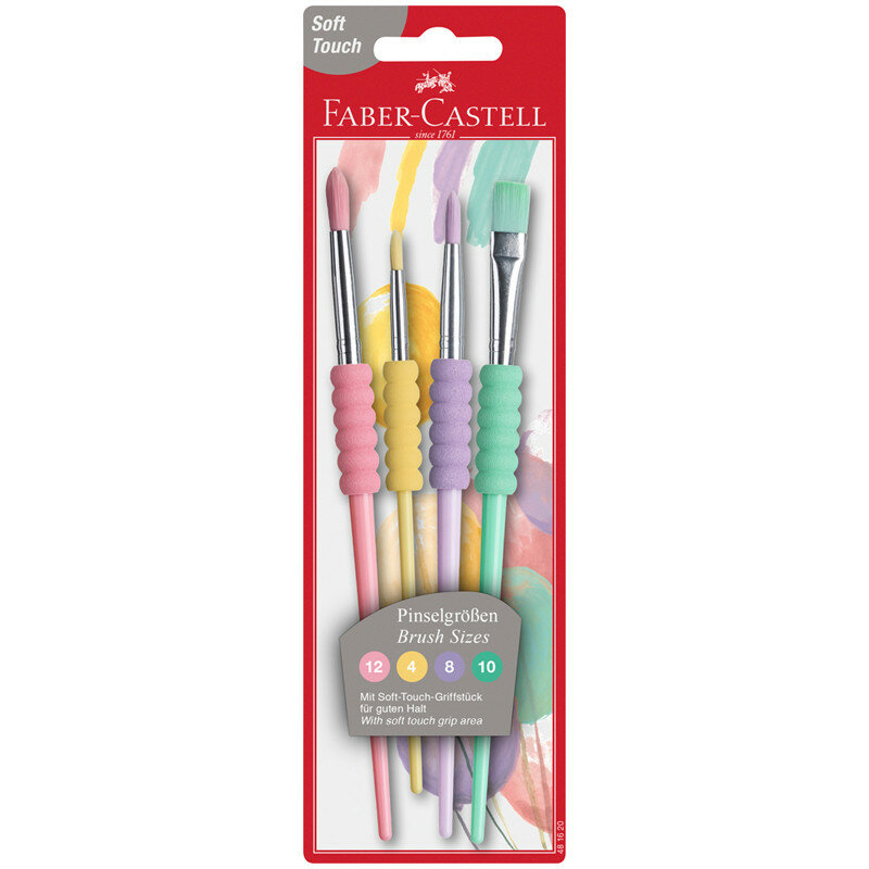 Набор кистей Faber-Castell 4шт, круглые № 12, 4, 8, плоская №10, пастел. цвета, блистер, европодвес, 301025
