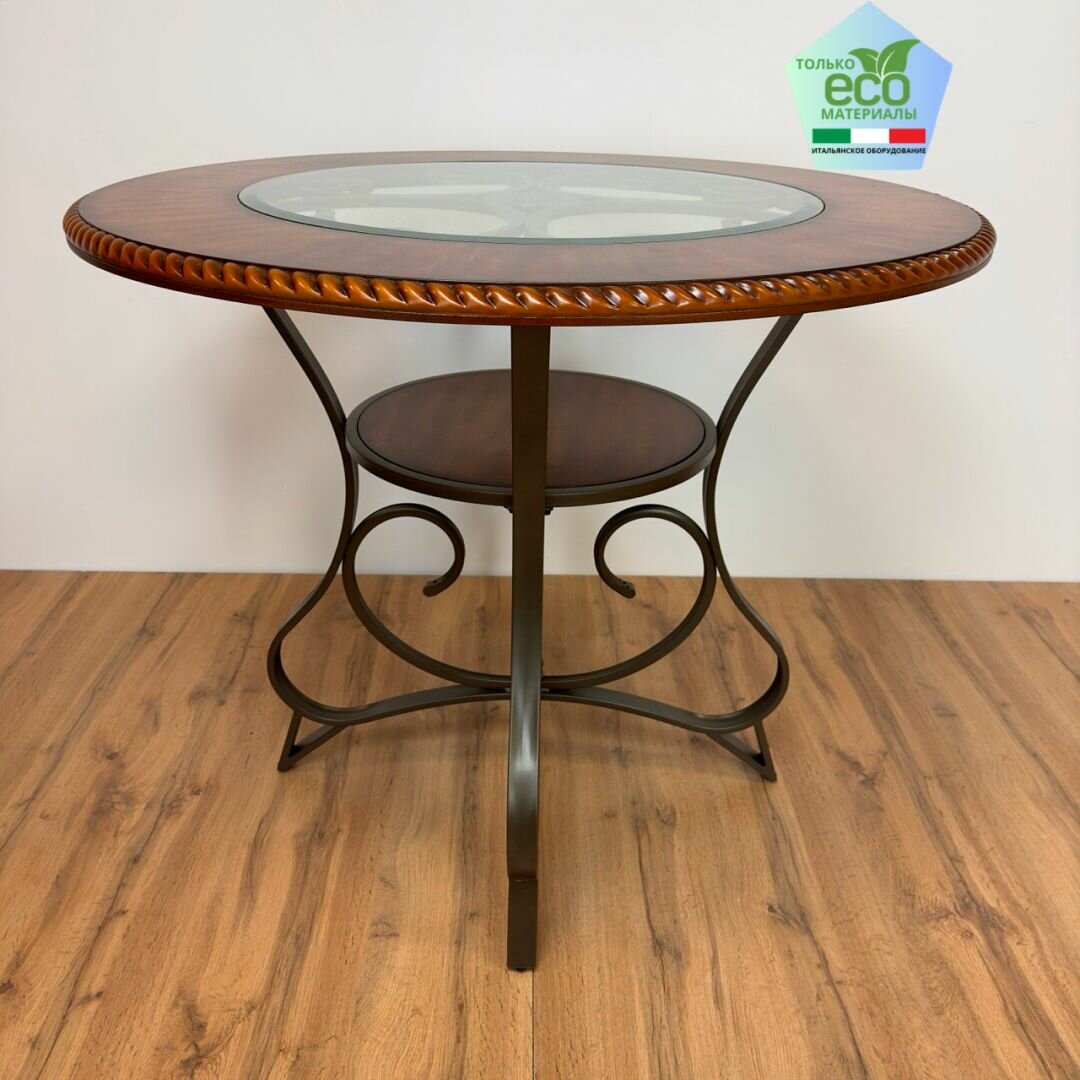 Стол обеденный, полубарный TS-20015-P, круглый нераздвижной со стеклом на металлических кованых ножках, 107х107х92см