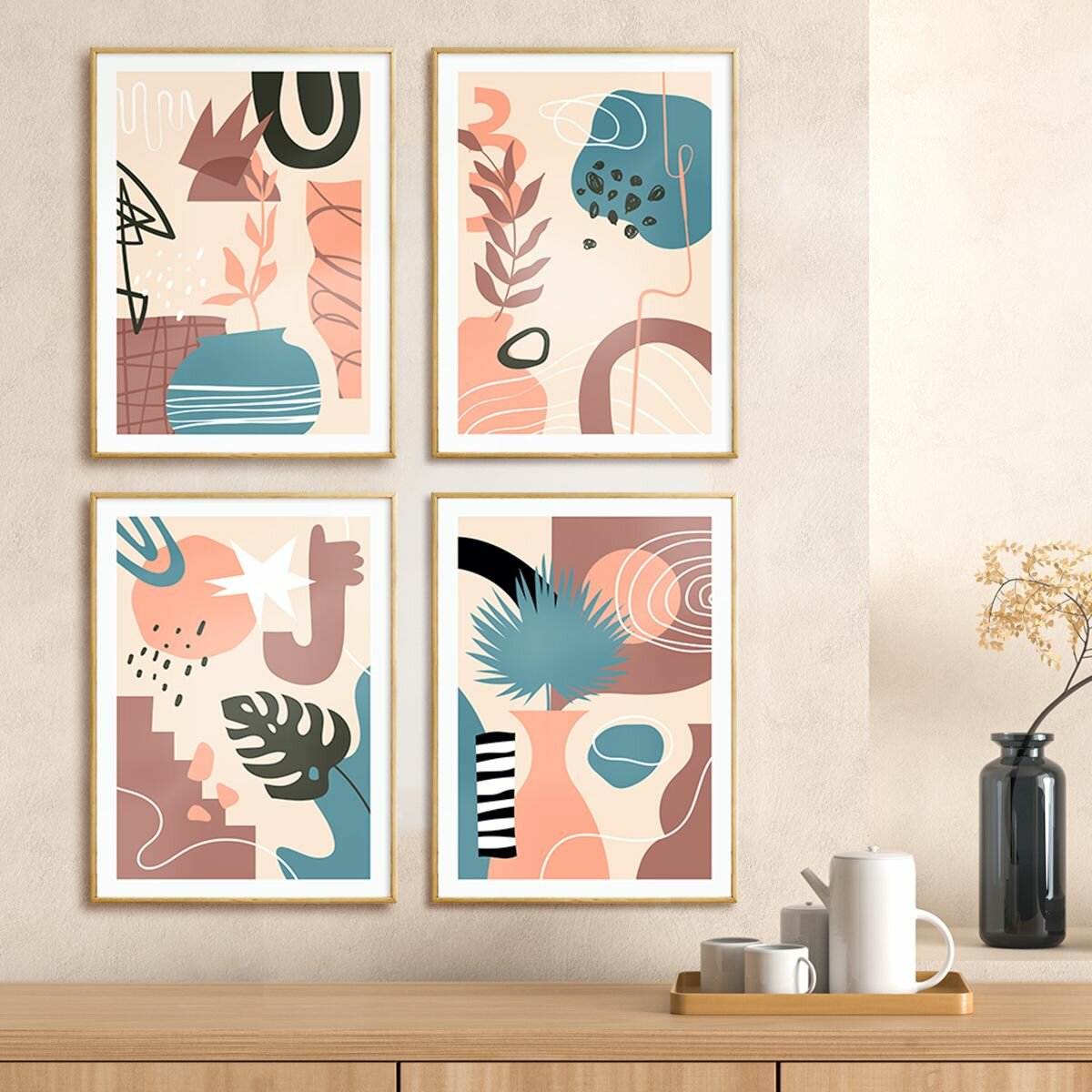 Постер 4 шт 30х40 без рамки "Светлая ботаническая абстракция" набор картин для интерьера