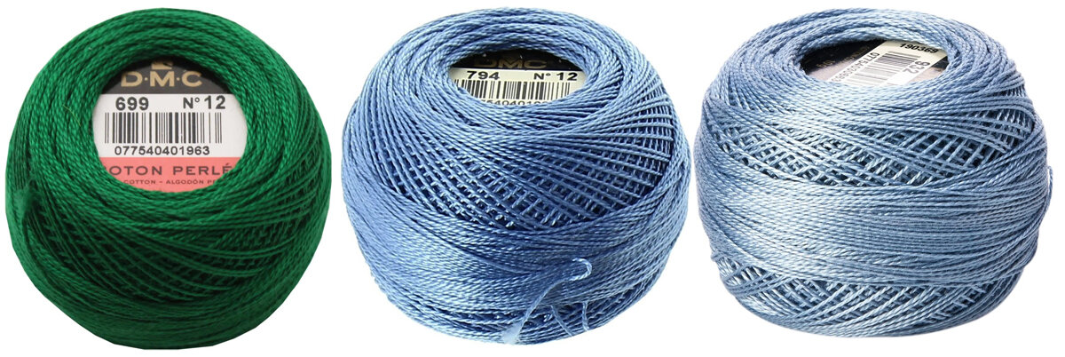 Нитки для вышивания DMC Pearl cotton (Артикул 116, №12, 3 шт. по 10 гр. / 120 м, цвет: 699 - Зеленый, 932 - Голубой антик, 794 - Светлый василёк)