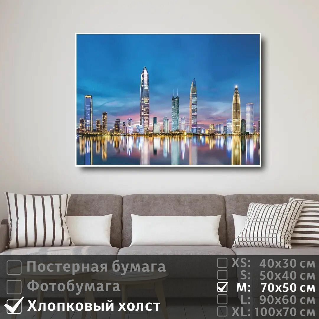Постер на холсте Ночной Город В Китае С Небоскребами У Реки 70х50 см ПолиЦентр