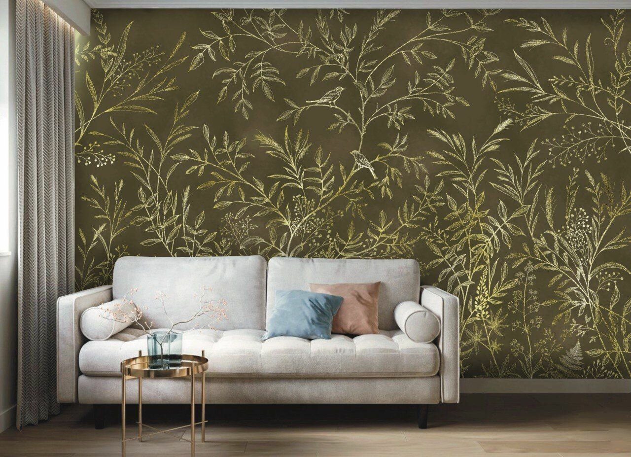 Фреска бесшовная "Птички в полевых цветах" золотисто-коричневый (ширина 2550мм х длина 2500мм)