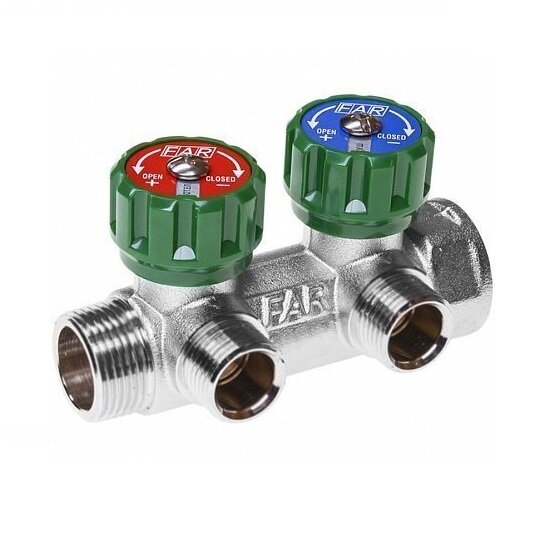 Регулирующий коллектор 1" (ВР-НР) с 2 отв. 3/4" НР FAR (FK3821 134) Евроконус в компл. с прокладками под плоское уплотнение