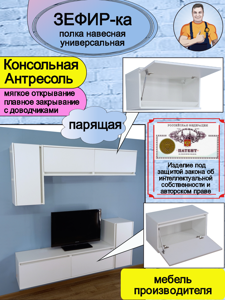 Полка навесная, под ТВ универсальная для гостиной зефир-ка