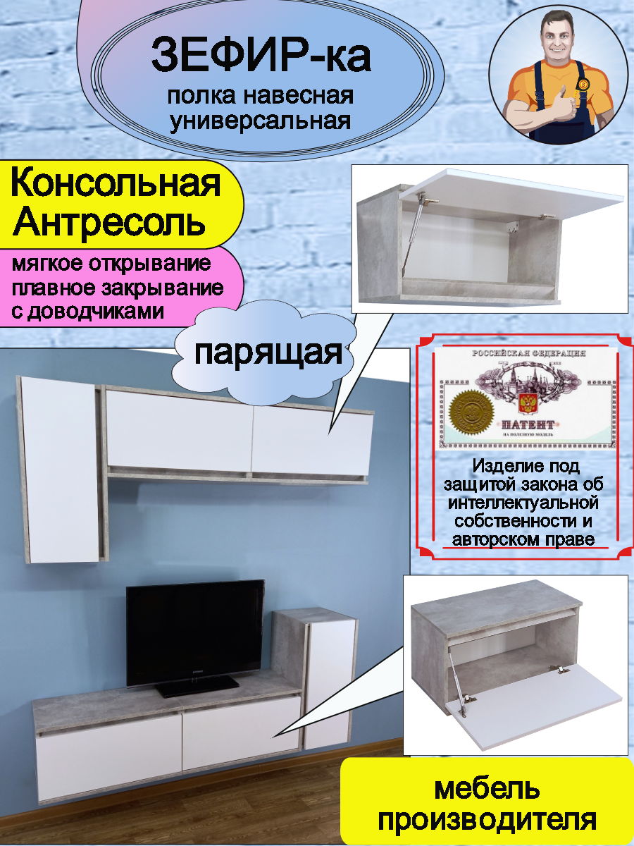 Полка навесная под ТВ, универсальная, для гостиной зефир-ка