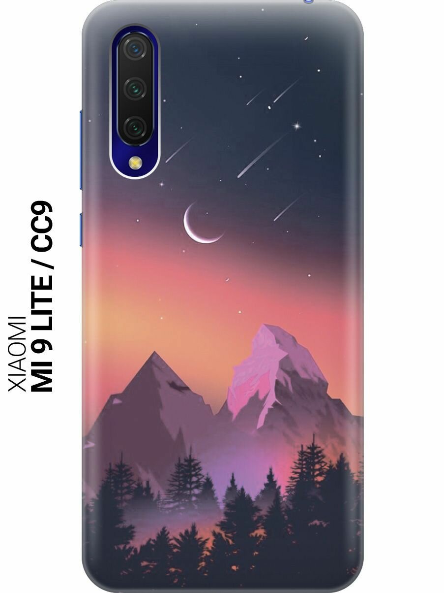 Силиконовый чехол на Xiaomi Mi 9 Lite, CC9, Сяоми Ми 9 Лайт, Ми СС9 с принтом "Горы и звездопад"