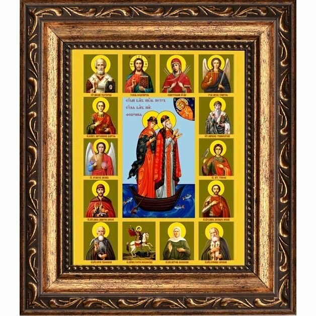 Петр и Феврония Муромские со Святыми. Икона на холсте. (10 х 12 см / В раме)