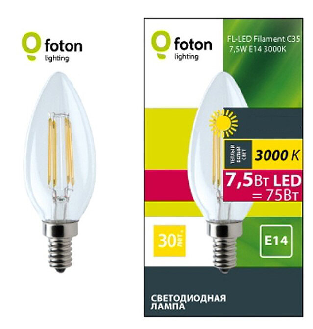 1шт/уп. Лампа LED Свечка 7.5Вт 220-240V E14 750Лм 3000К Угол 360 град. D-35mm L-98mm Филаментная Стекло Свет Теплый белый Foton Lighting, уп. 1шт
