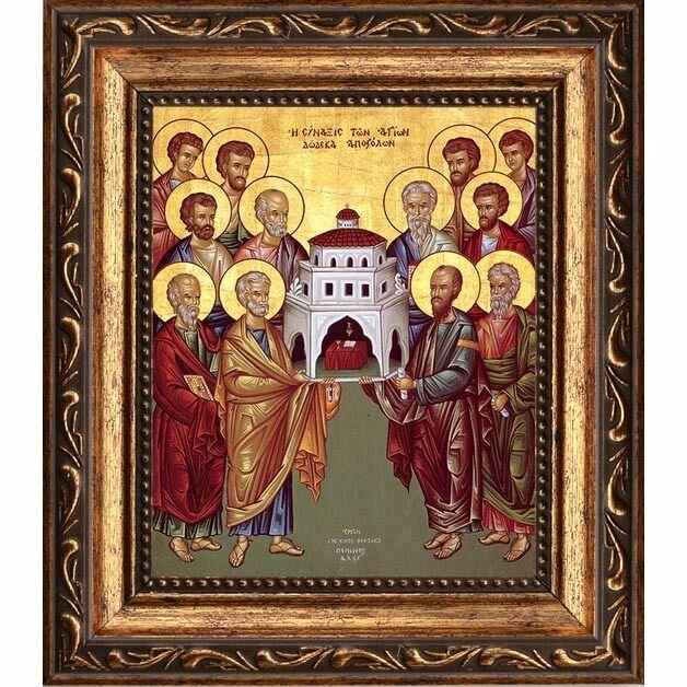 Собор двенадцати апостолов. Икона на холсте. (10 х 12 см / В раме)